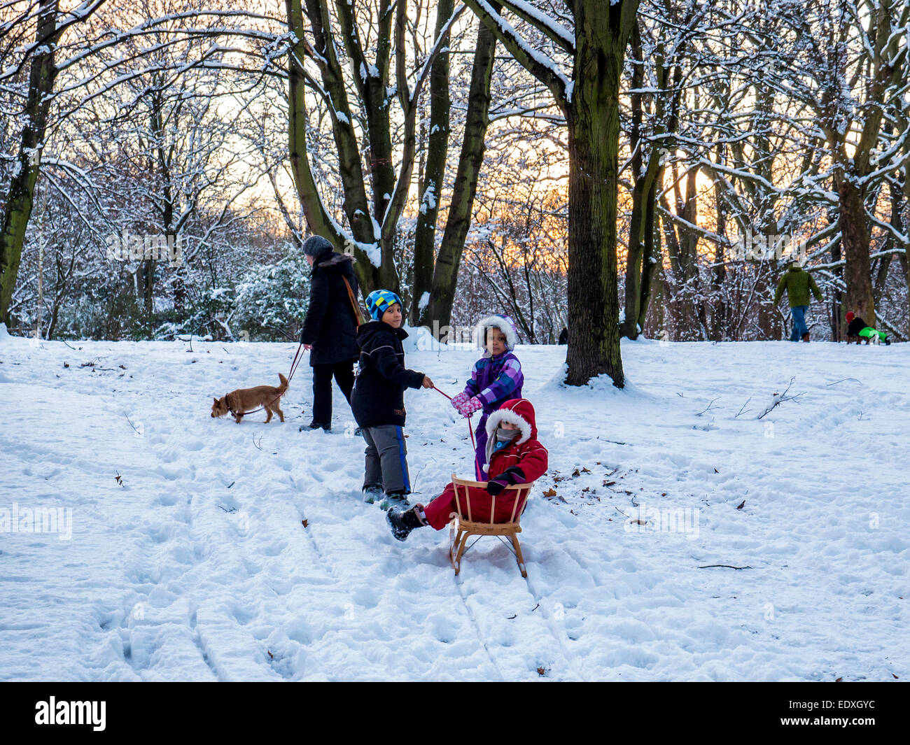 Frau, Hund, drei Kinder und Rodel in schweren Winter Schnee im ...