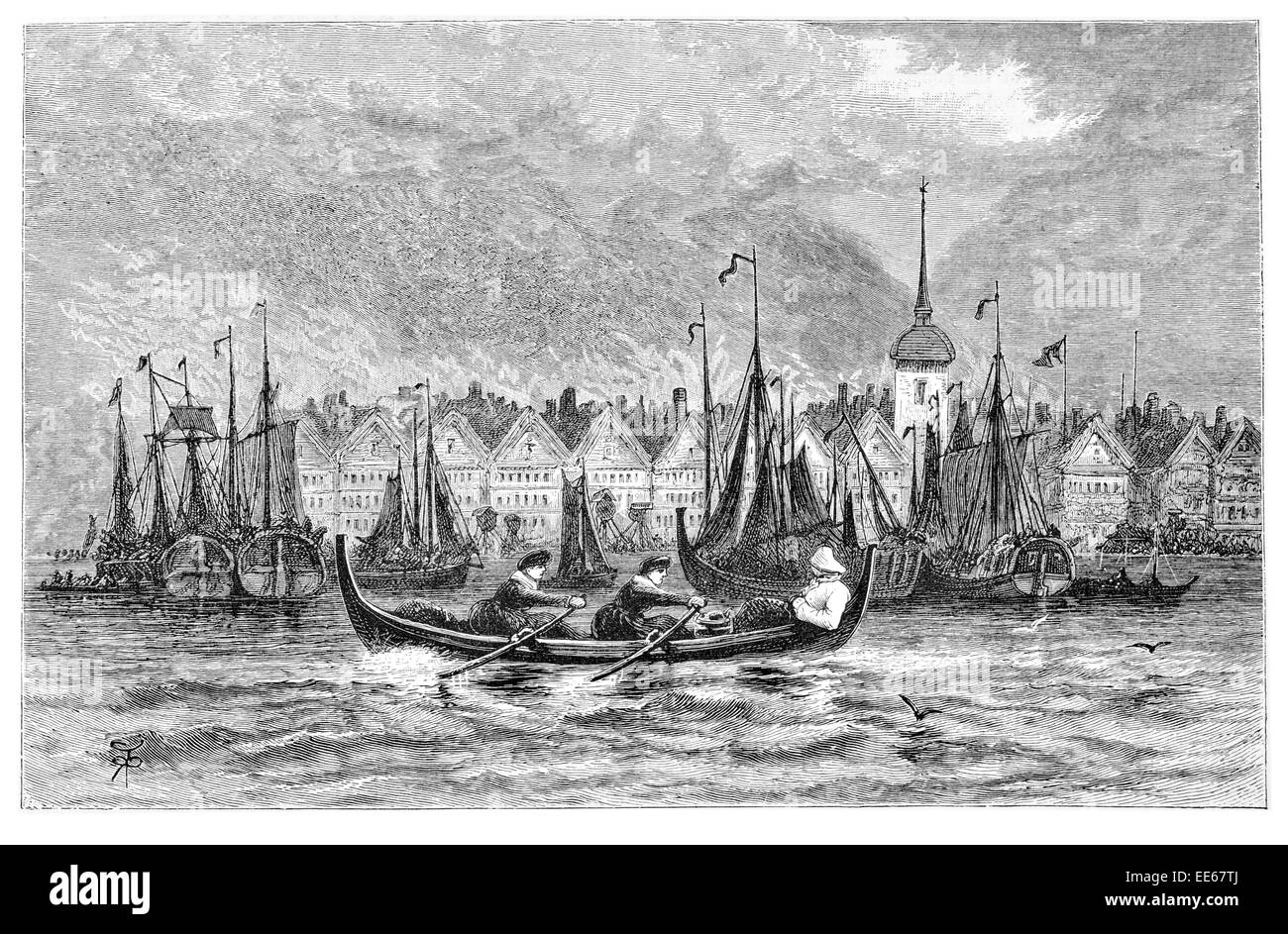 Mittelalterliche Stadt Handelsschiff Bergen hanseatischen Häuser Hanse ...