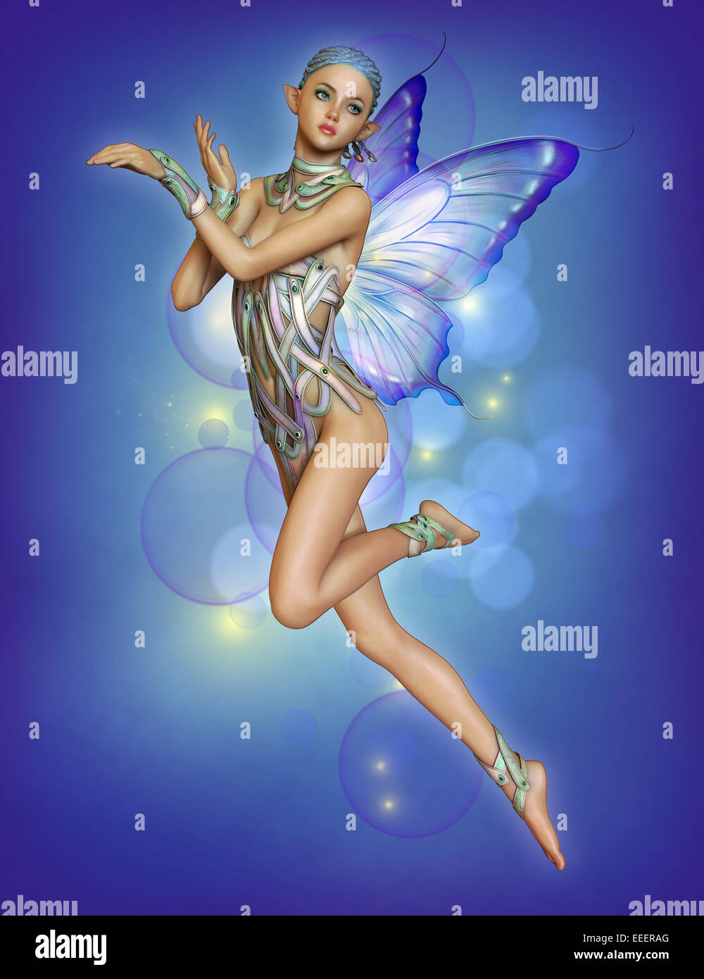 3D Computergrafik einer schwebenden Fee mit geflochtenen blauen Haaren und Schmetterling Flügel ...
