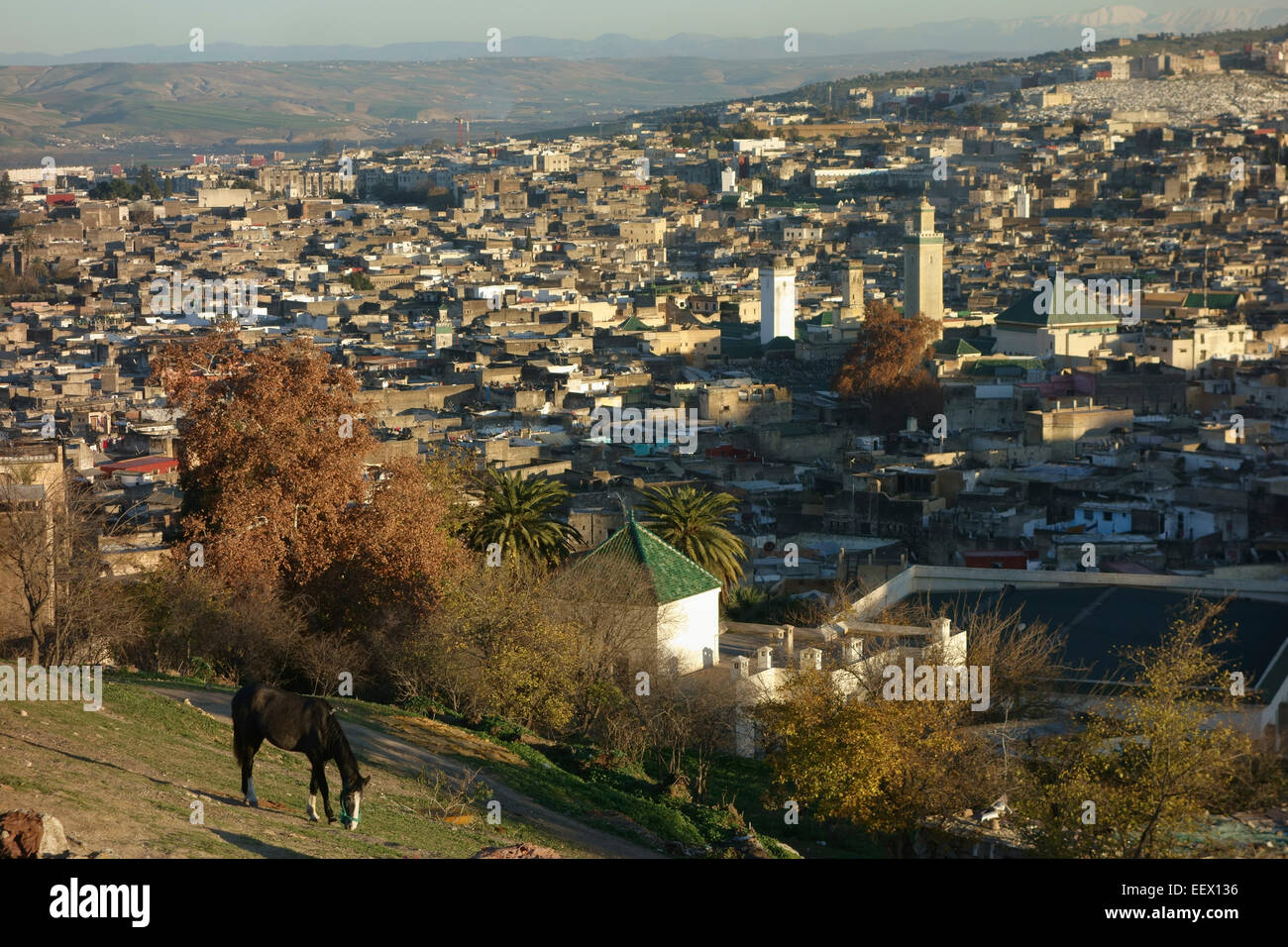 Luftaufnahme von Medina von Fez am Sonnenuntergang, Marokko, Afrika ...