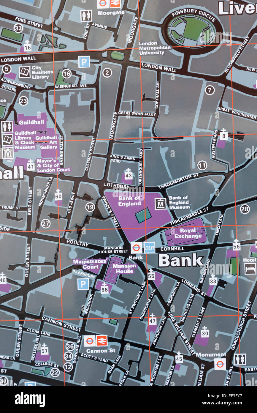 England, London, Street-Karte der City of London, Bank of England und ...