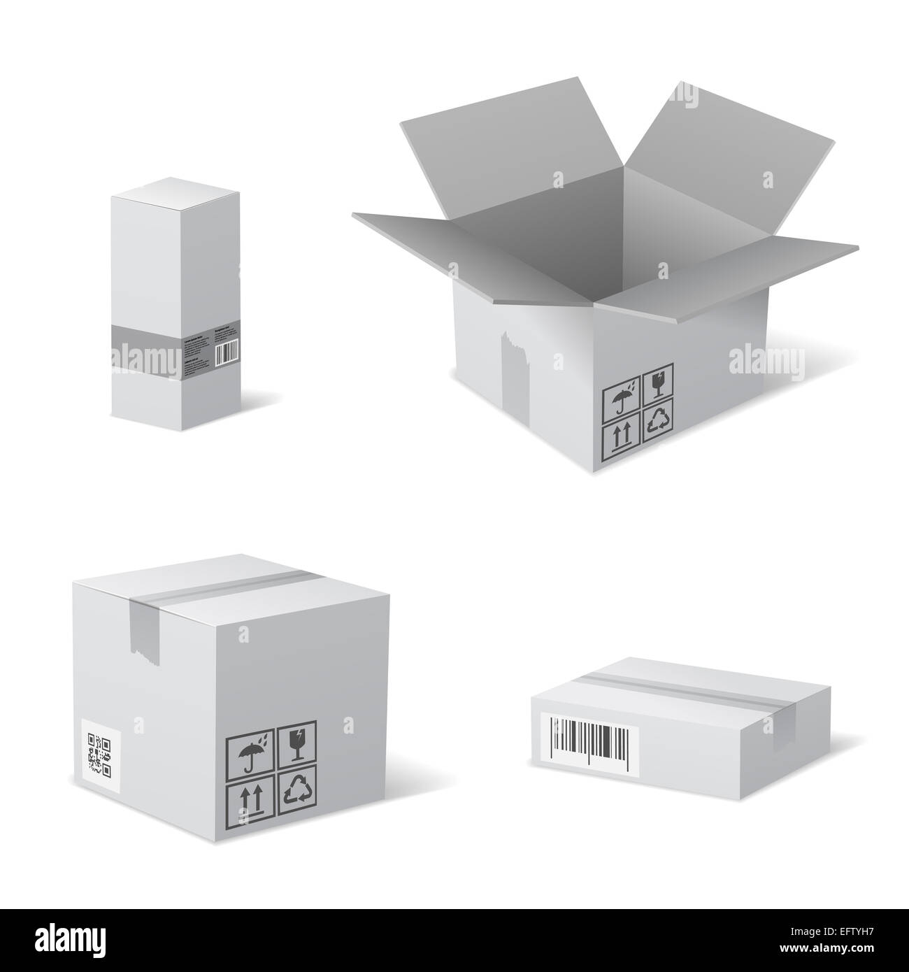 Offene und geschlossene Kartonagen Kartons mit Recycling Symbole ...