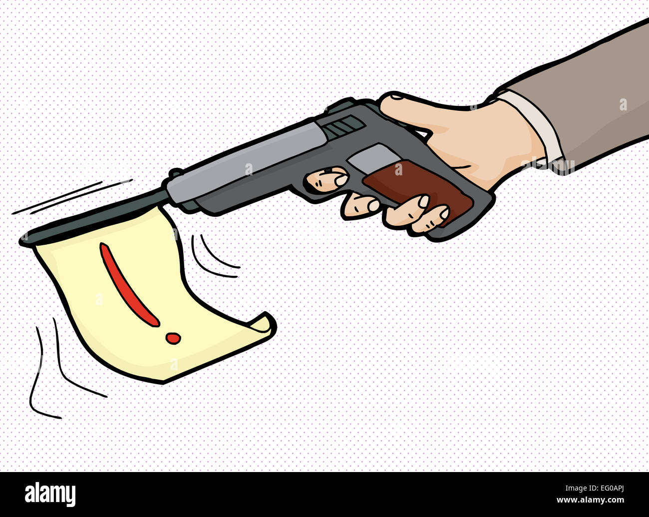 Karikatur von Pistole feuert Flagge mit Ausrufezeichen Stockfotografie ...