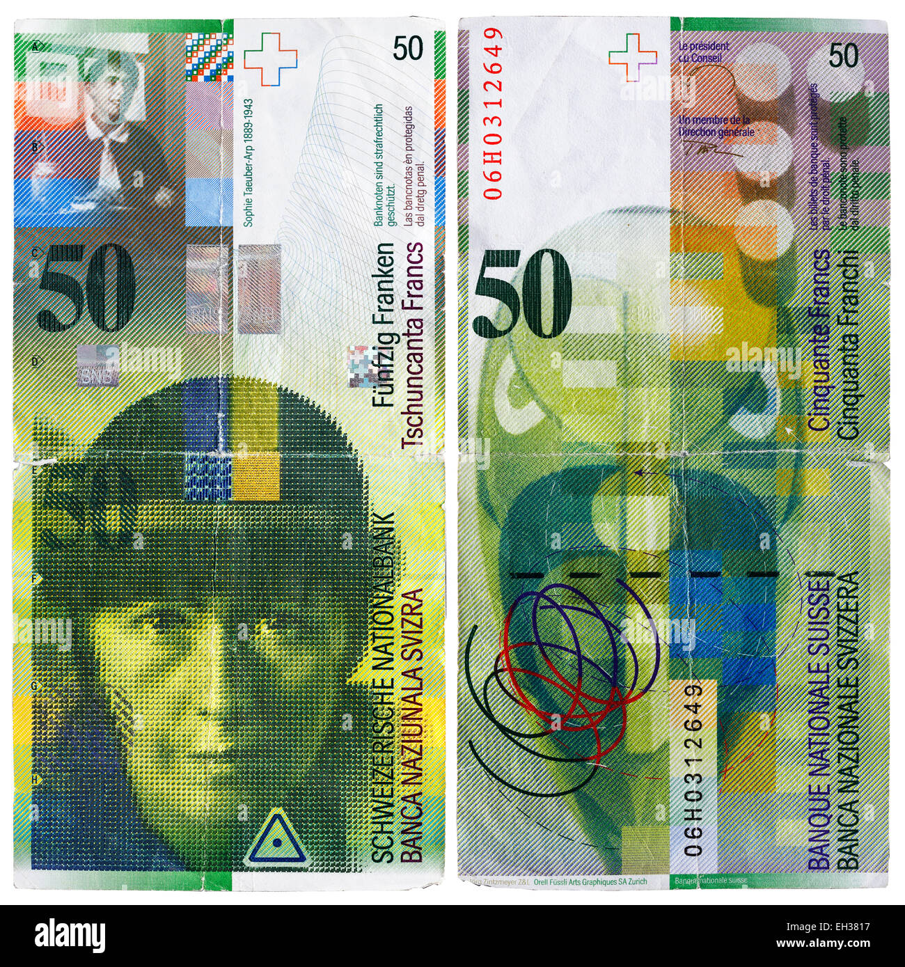 50 Franken-Banknote, Sophie Taeuber-Arp, Schweiz, 2005 Stockfotografie ...