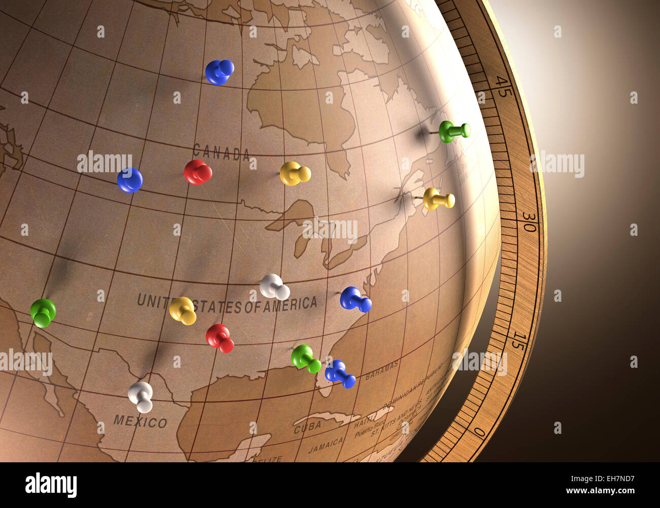 Vintage Globus mit Push-pins Stockfotografie - Alamy