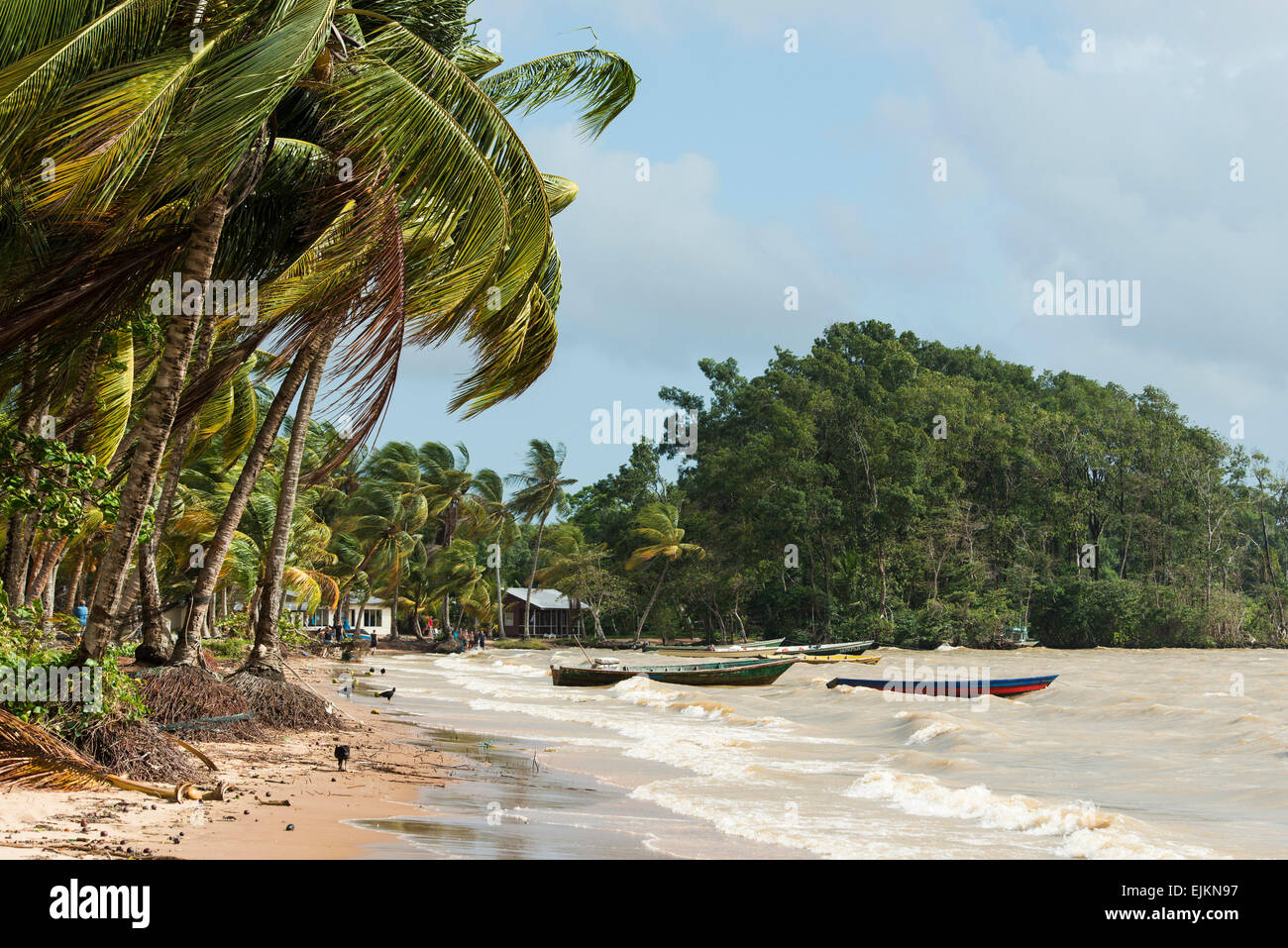 Angelboote/Fischerboote am Strand entlang, Galibi, Surinam ...