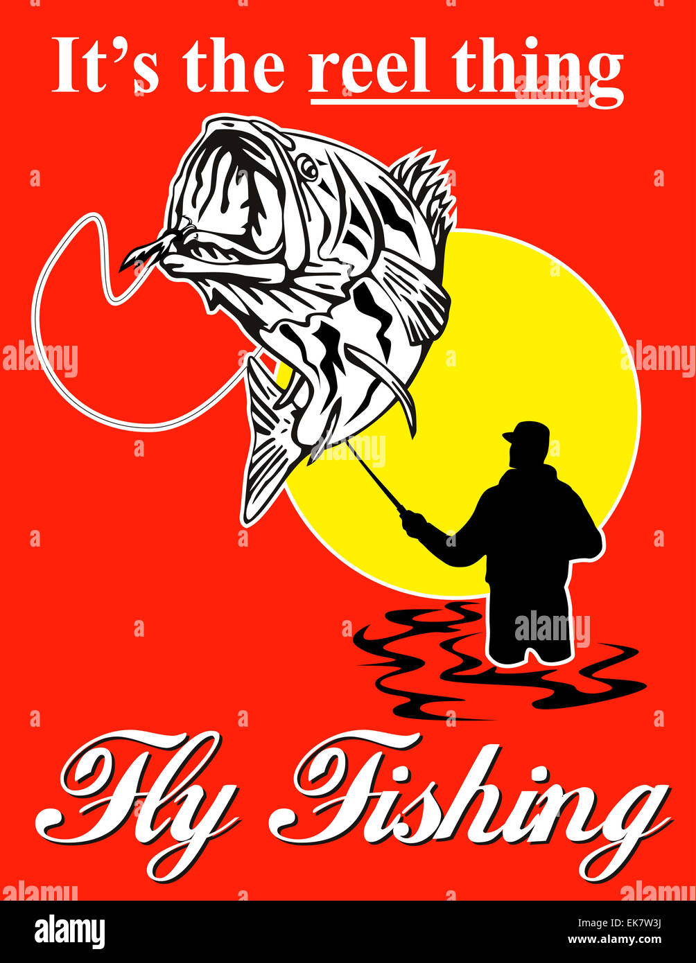 Fliegen Sie Fischer fangen Largemouth Bass mit Rolle Stockfotografie ...