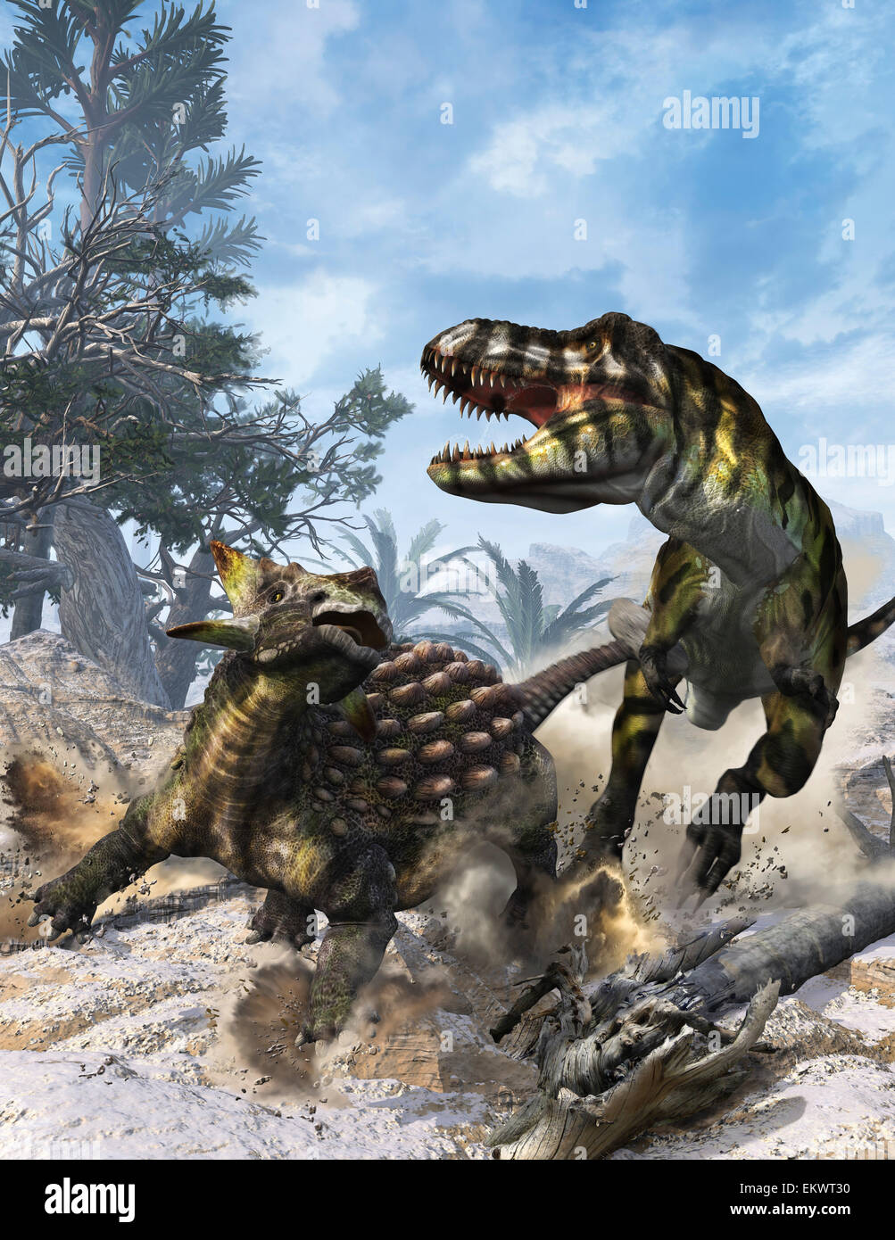 Ankylosaurus trifft Tyrannosaurus Rex mit Schweif in Notwehr erschlagen ...