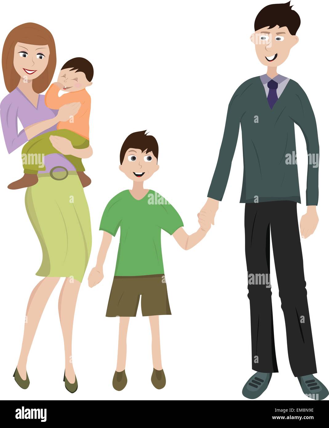 Vektor-Illustration der junge glückliche Familie mit zwei Kindern Stock ...