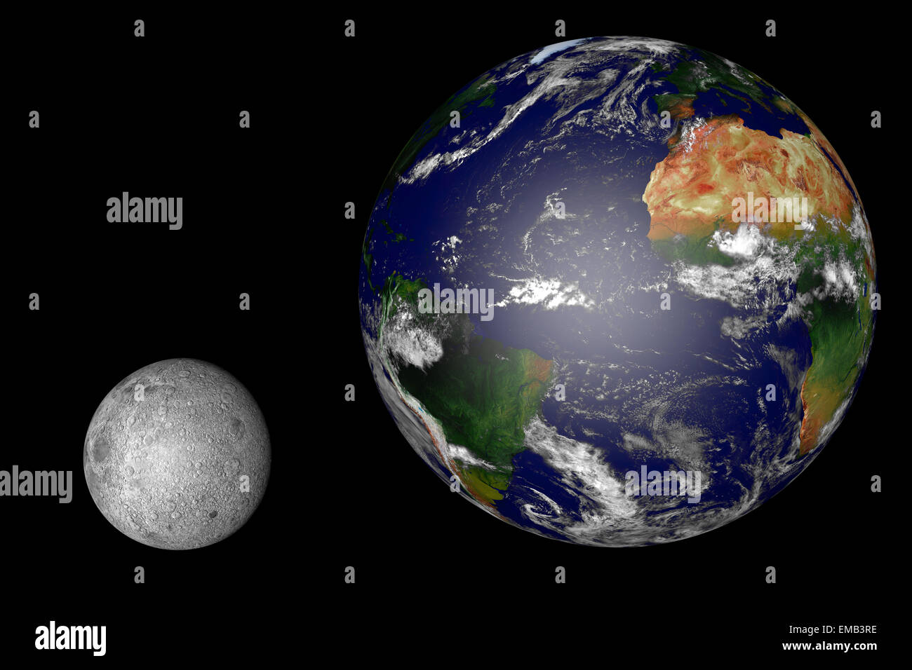 Mond und Erde in realistischer Größenabmessungen: computergenerierte ...