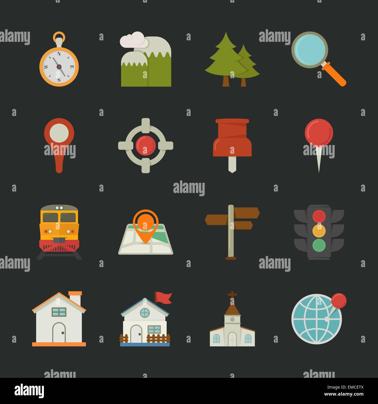Stadtplan Symbole und Positionssymbole, flaches design Stock ...