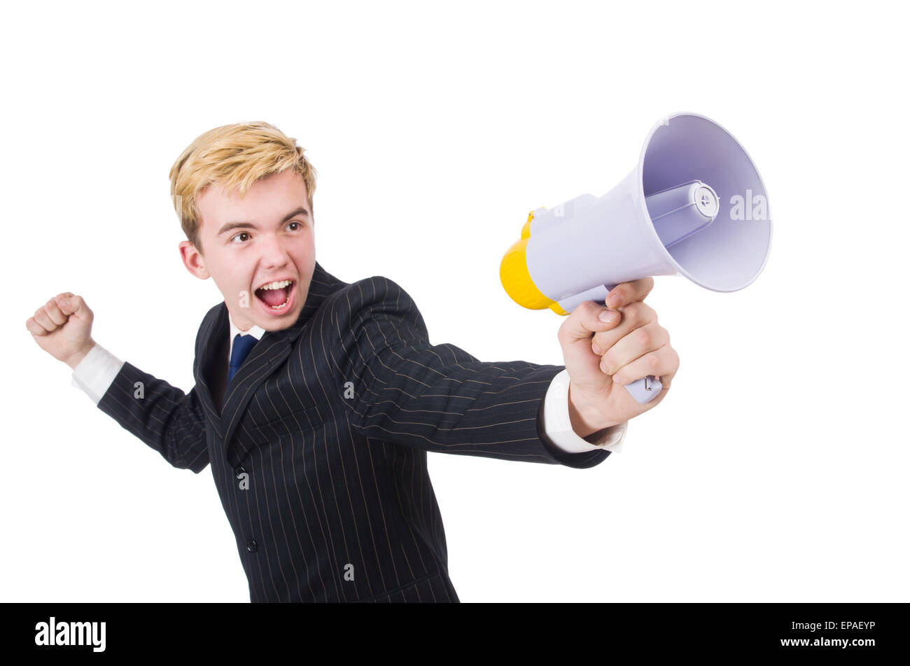Lustiger Mensch mit Lautsprecher auf weiß Stockfotografie - Alamy