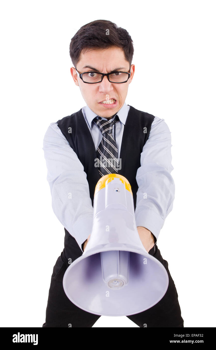 Lustiger Mensch mit Lautsprecher auf weiß Stockfotografie - Alamy