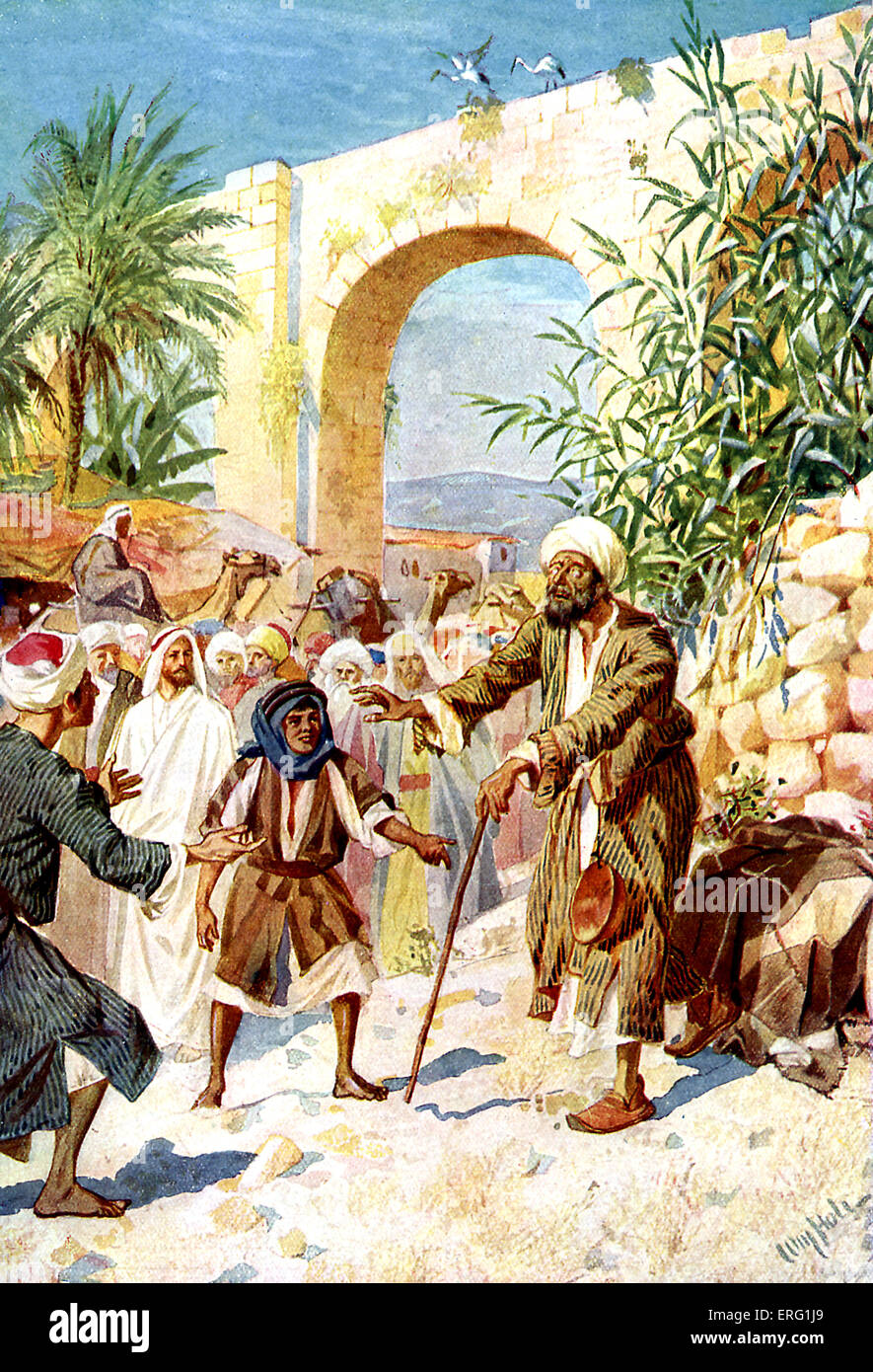 Jesus heilt einen blinden Bettler Bartimäus auf der Straße von Jericho ...