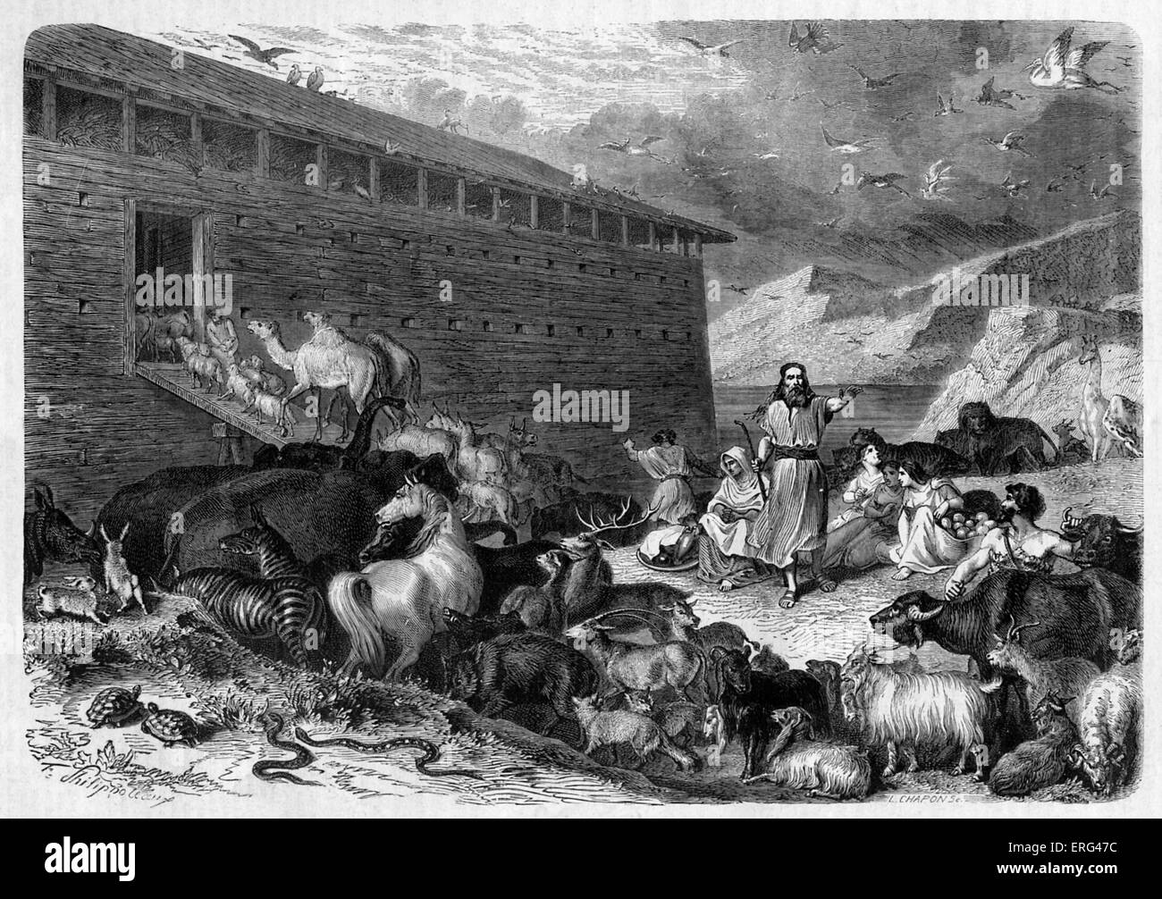 Noahs Arche. Noah bringt seine Familie und die Tiere auf die Arche ...