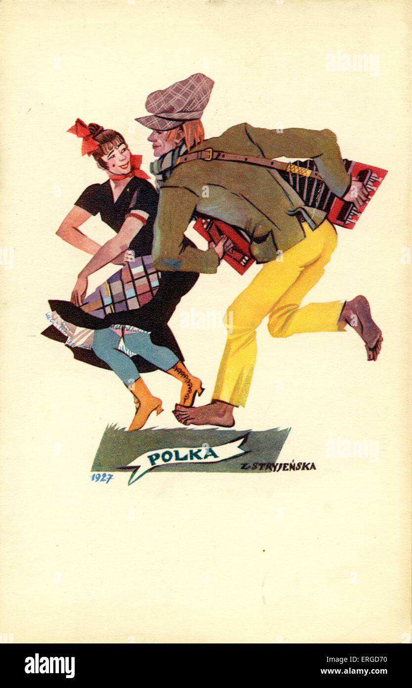 Polnische Nationaltänze: die Polka. Zeigt ein Mann (mit Akkordeon) und ...