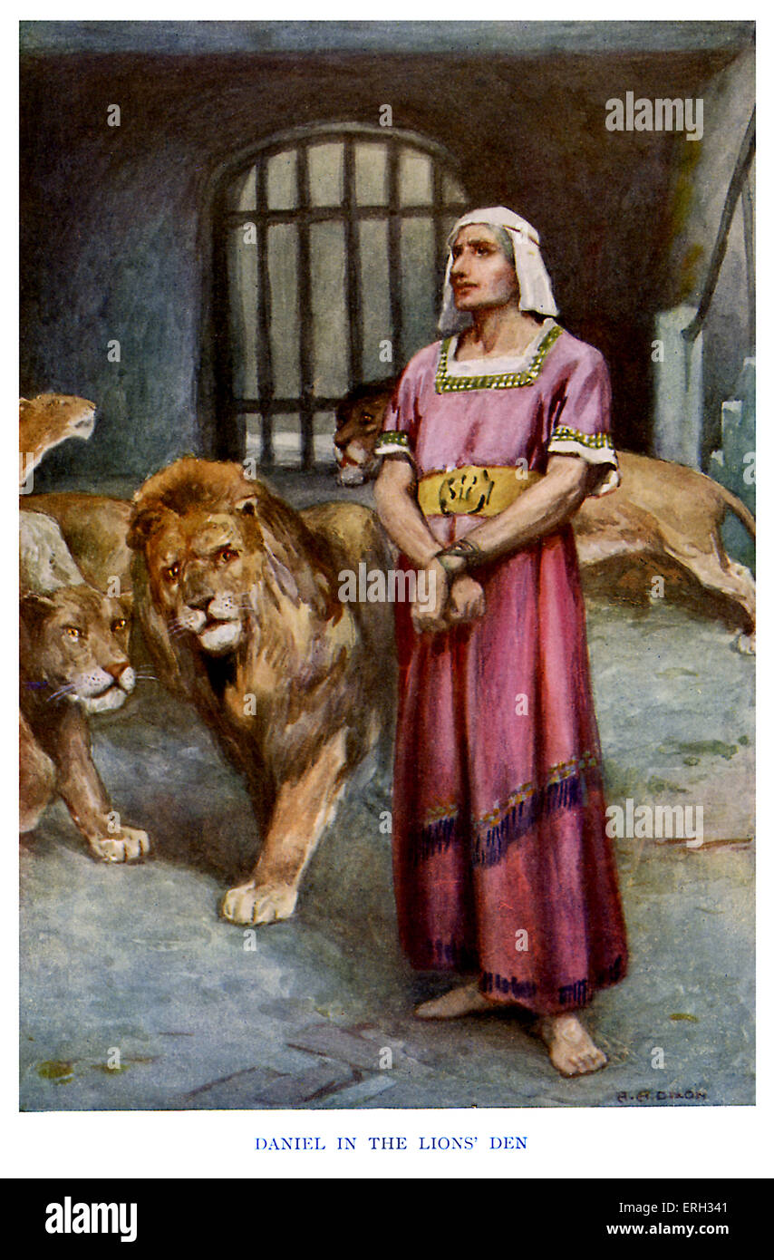 Daniel und die Löwen - liest, Beschriftung "Daniel in der Löwengrube ...