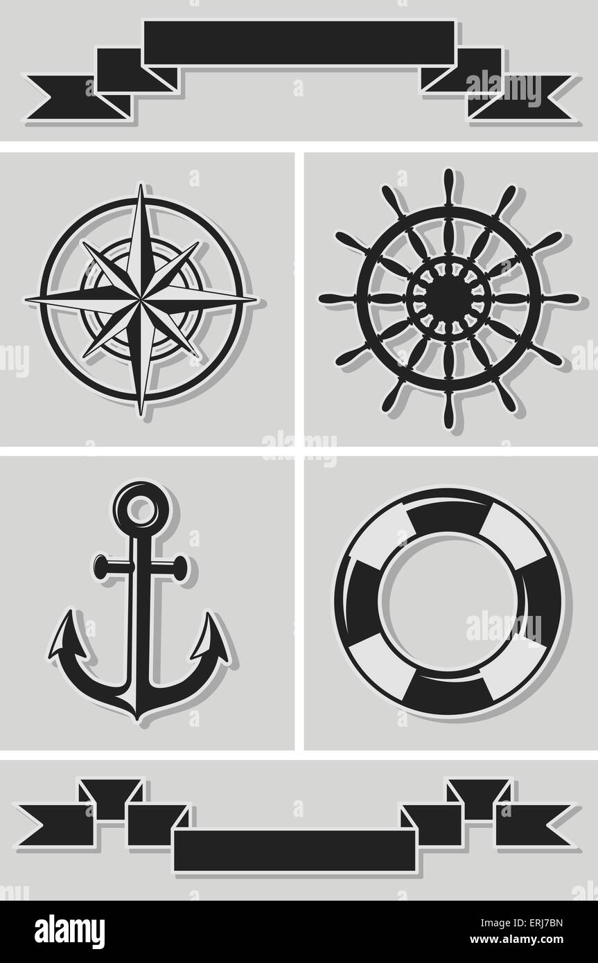 Satz von nautische Symbole und Bänder. Flaches Design. Vektor ...