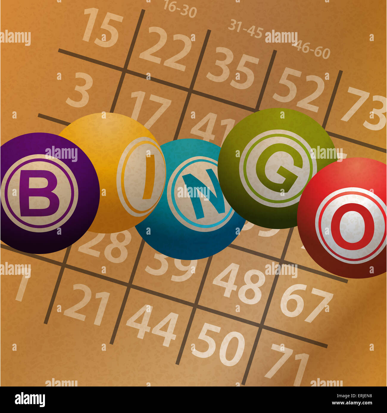 Bingo Papier Kugeln und Zahlen aus einer Bingo-Karte auf braun ...