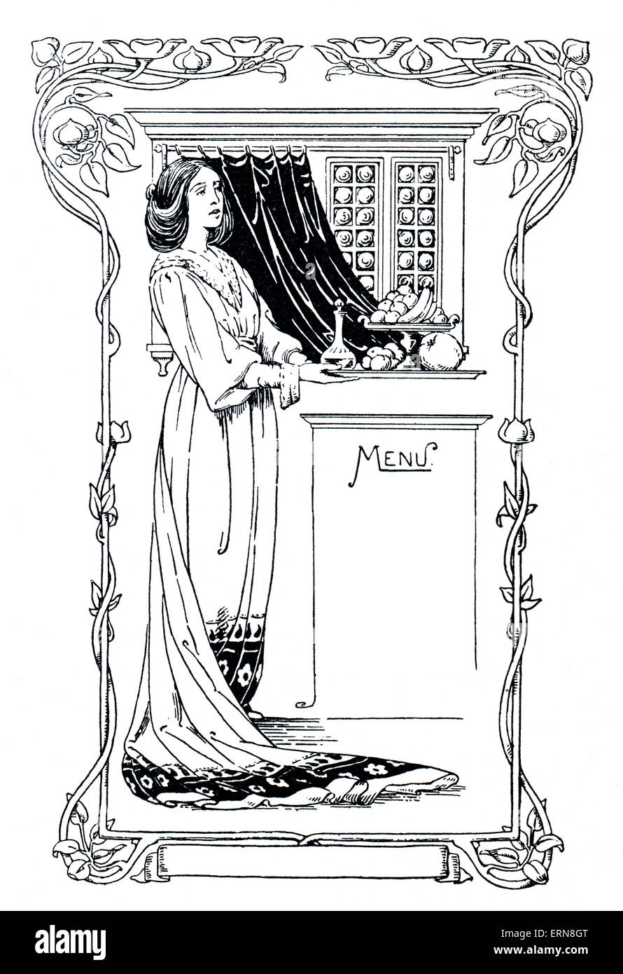 1899-Menü Kartendesign, Jugendstil Linie Illustration von Frank E Wiles ...