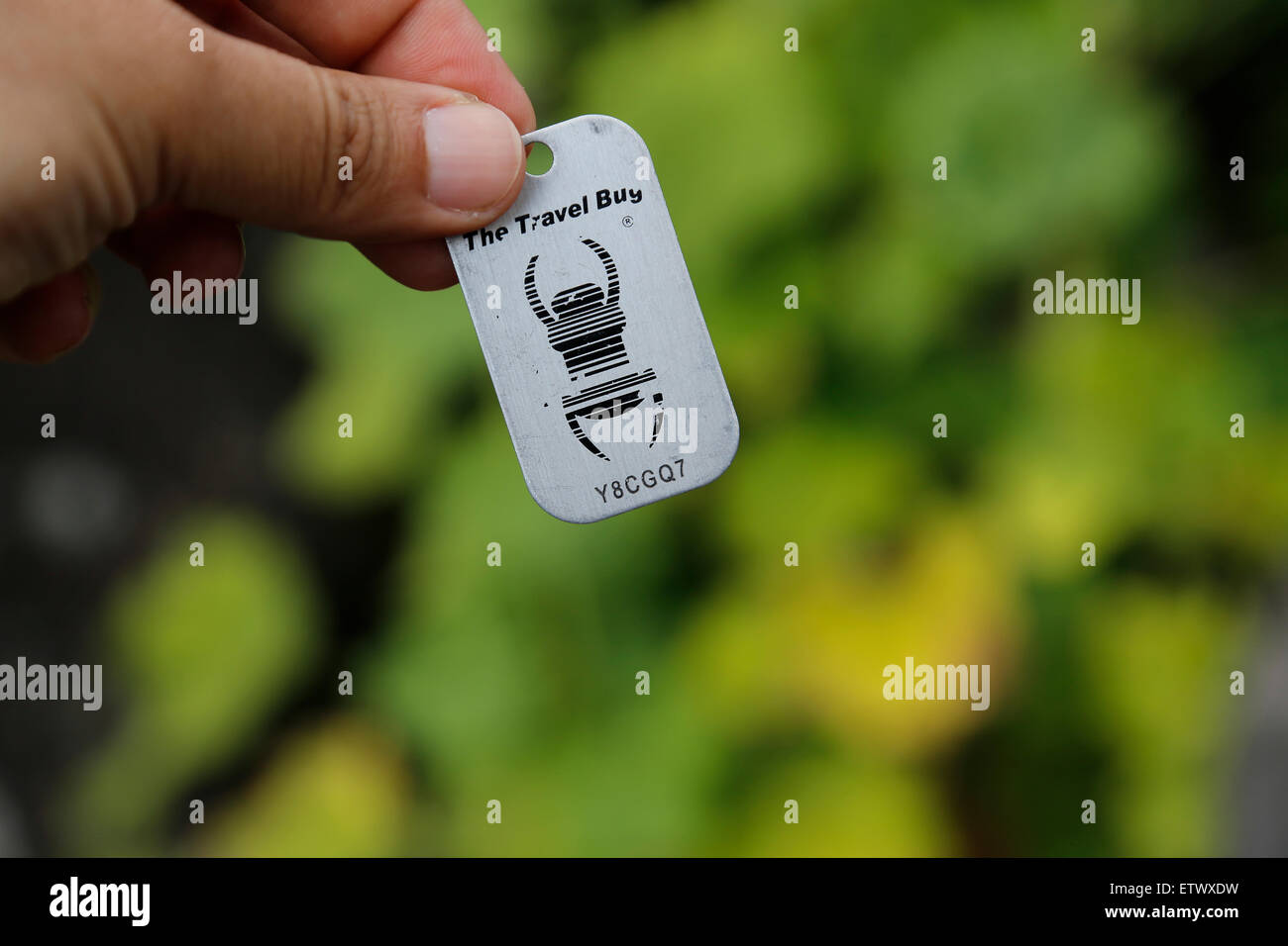 Geocaching Travelbug in der Hand der geocacher Stockfotografie - Alamy