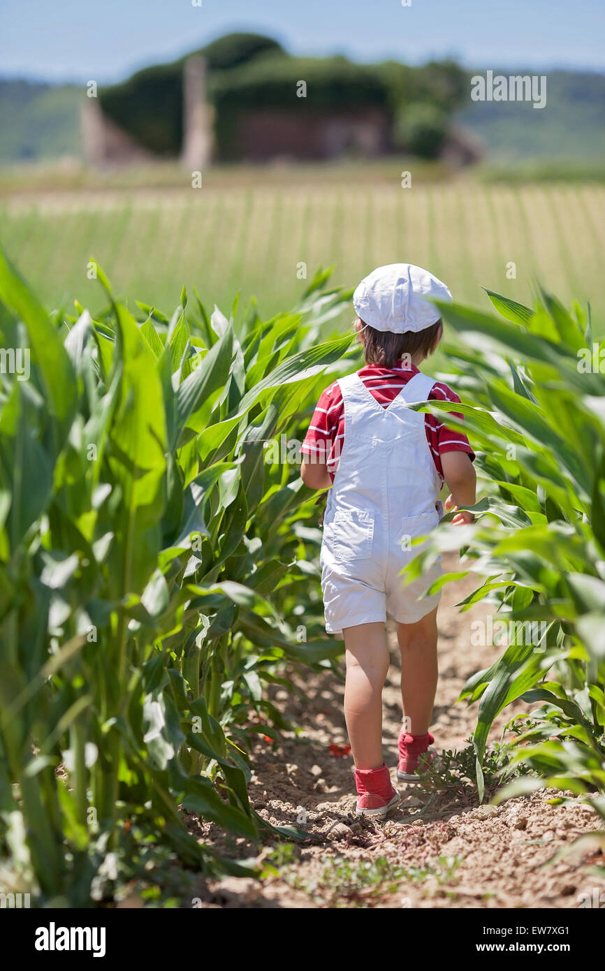 Süsser Boy mit weißem Hut und Overalls, mit Mohn, zu Fuß in ein ...