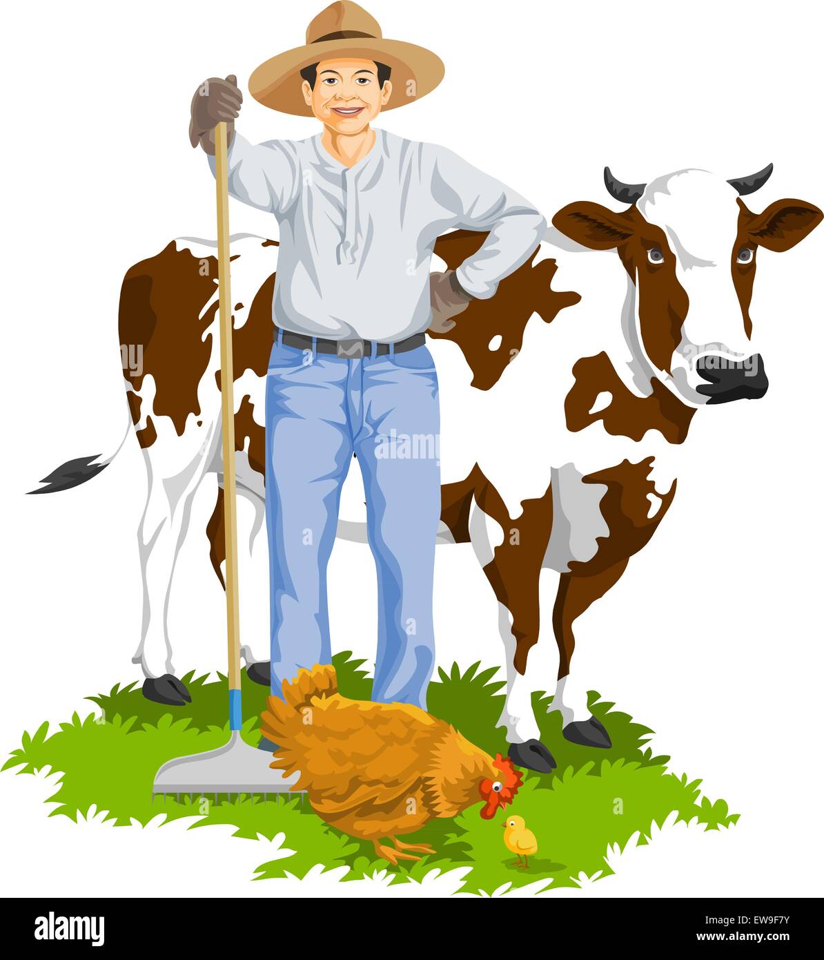 Vektor-Illustration von Bauer mit Henne und Kuh am Bauernhof Stock ...