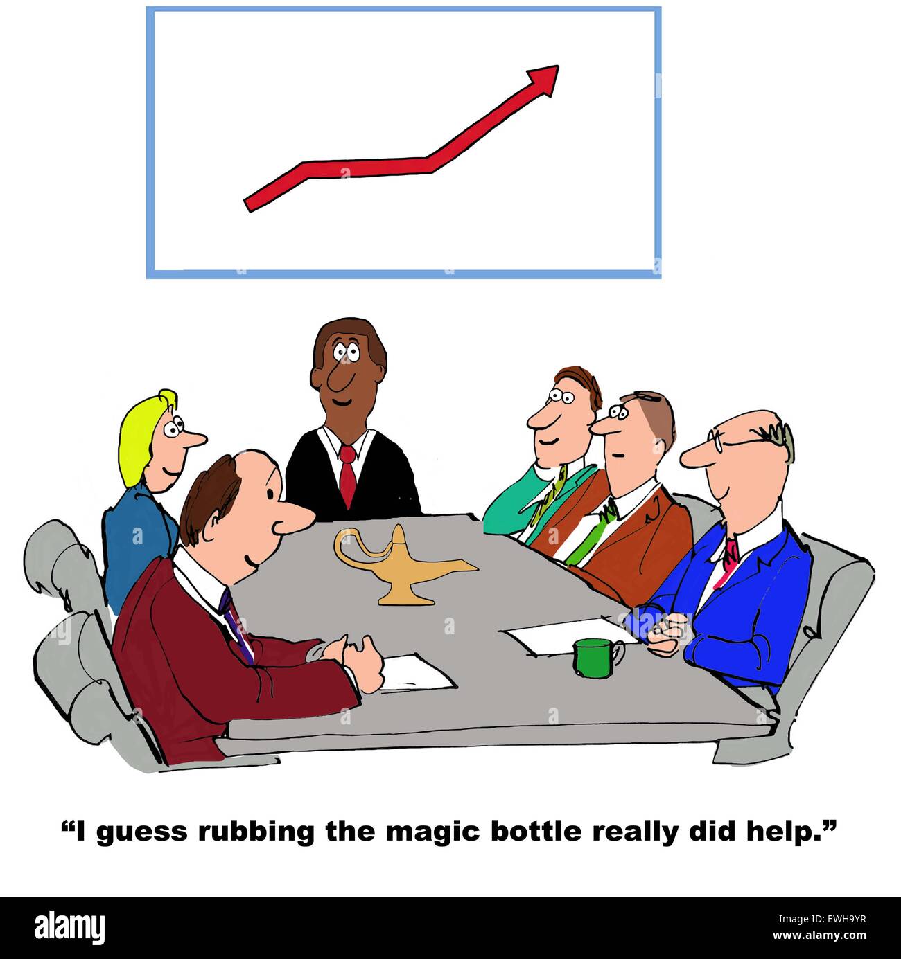 Business-Cartoon der Begegnung, Messing-Flasche und Diagramm erhöhte ...