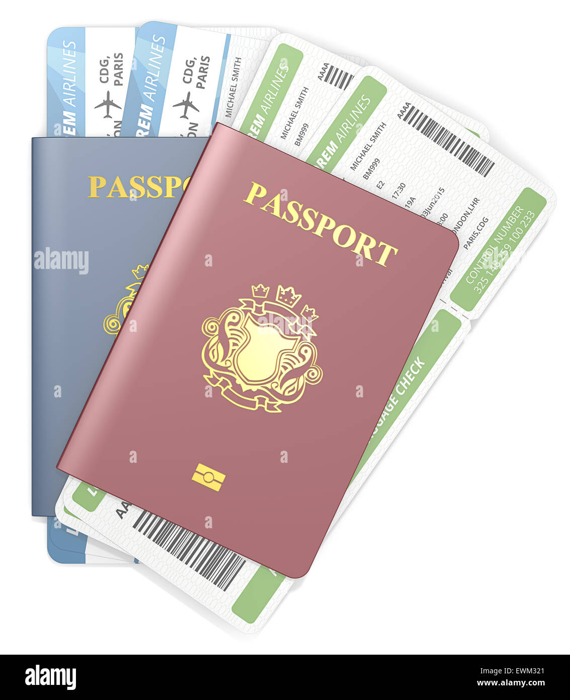 Draufsicht der roten und blauen Pässe und Boarding Pass. Non-Country ...