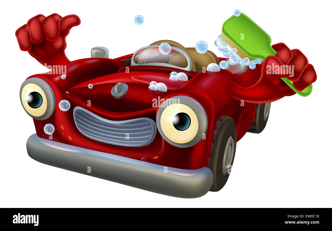 Auto-Waschanlagen-Comicfigur mit ein glückliches Gesicht ein Daumen ...