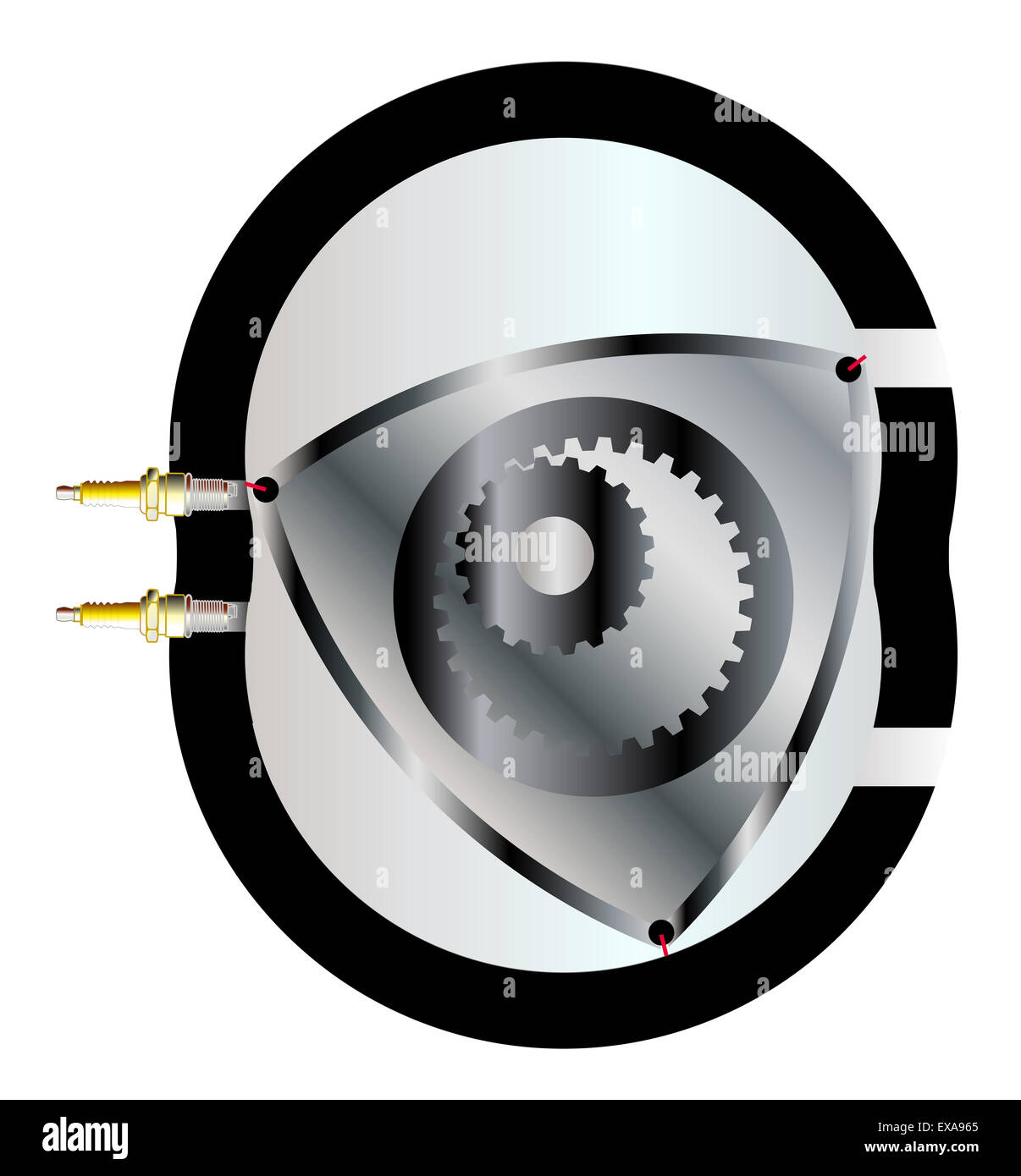 Grundlegende Wankelmotor Layout mit Offset Zahnräder vor einem weißen ...