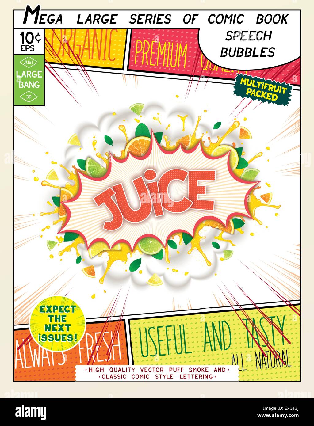 Saft. Bunte Explosion mit Obst, Spritzer und Rauchwolken mit ...