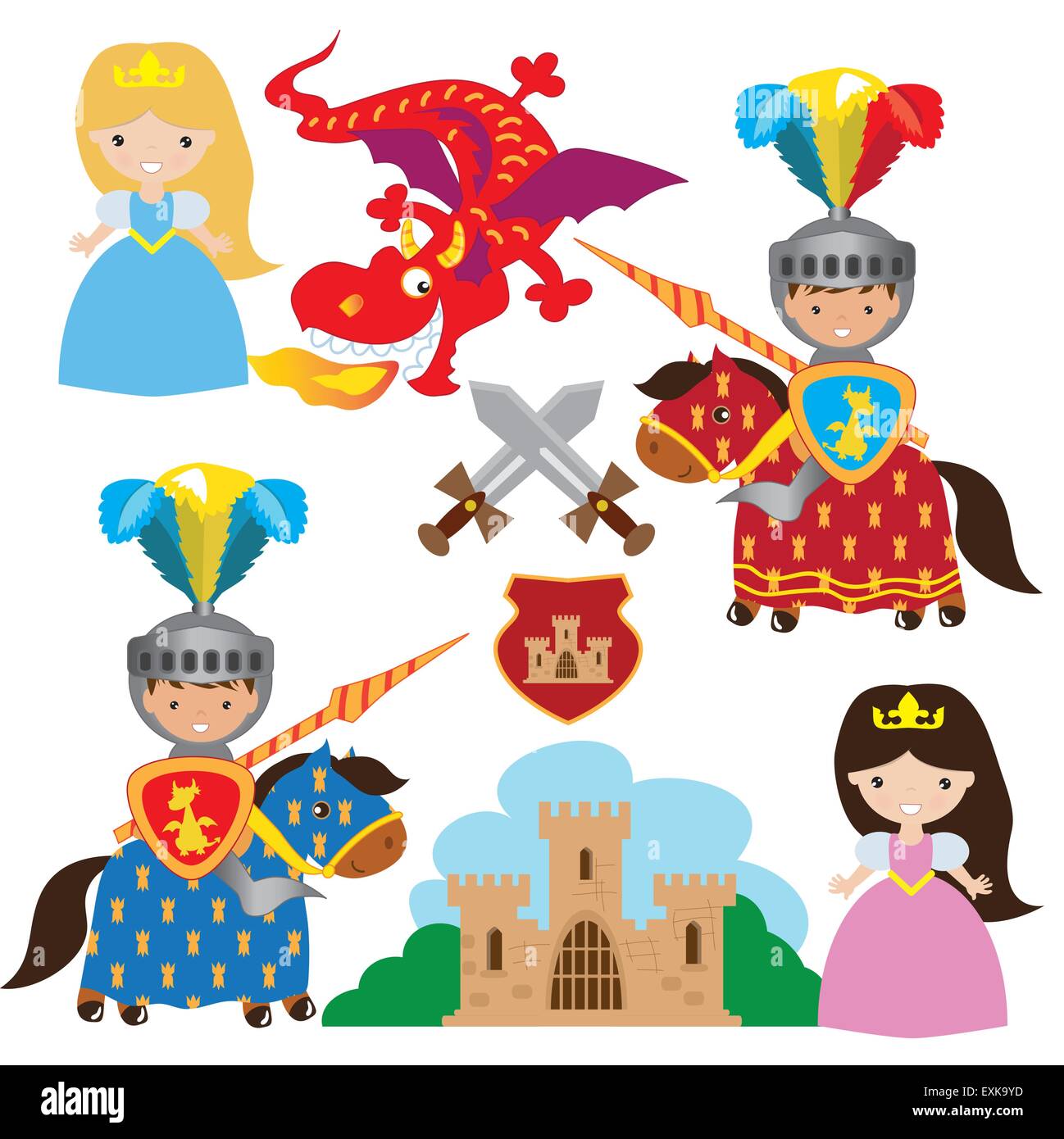 Ritter, Prinzessin, Drache, Burg, mittelalterliche, Vektor, Cartoon ...