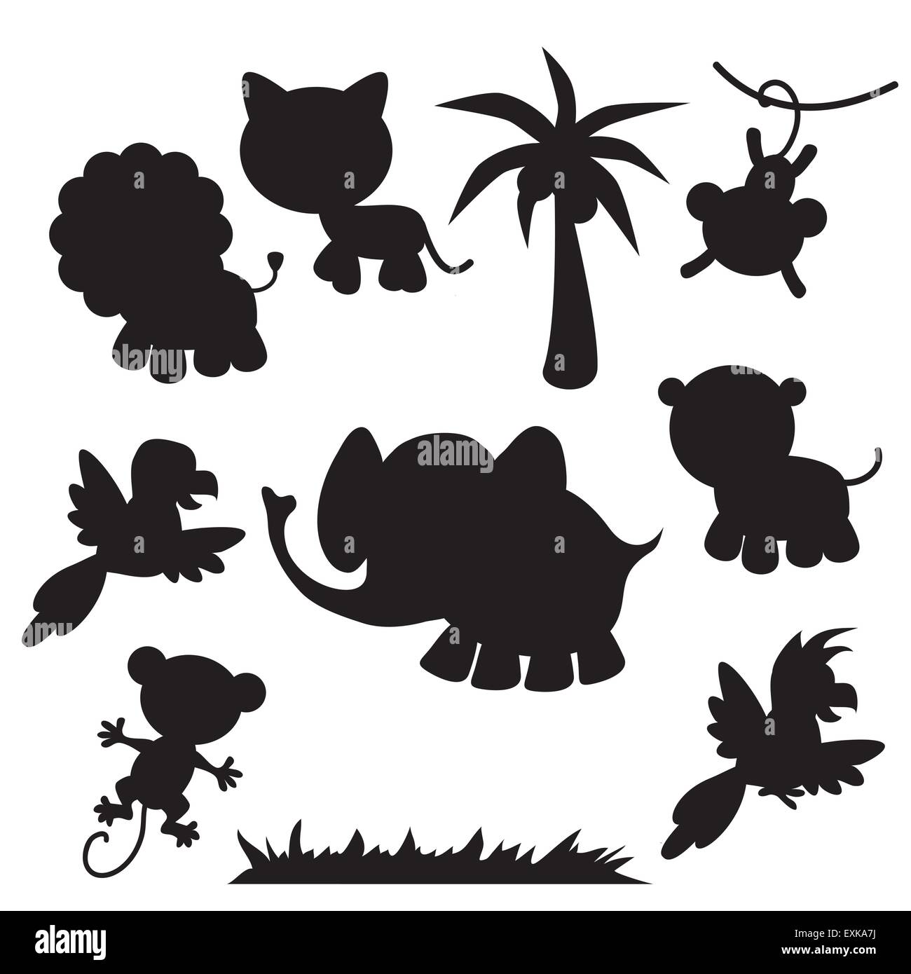 Löwe, Löwin, Elefant, Papagei, Palme, Affe, niedlich, Tier ...