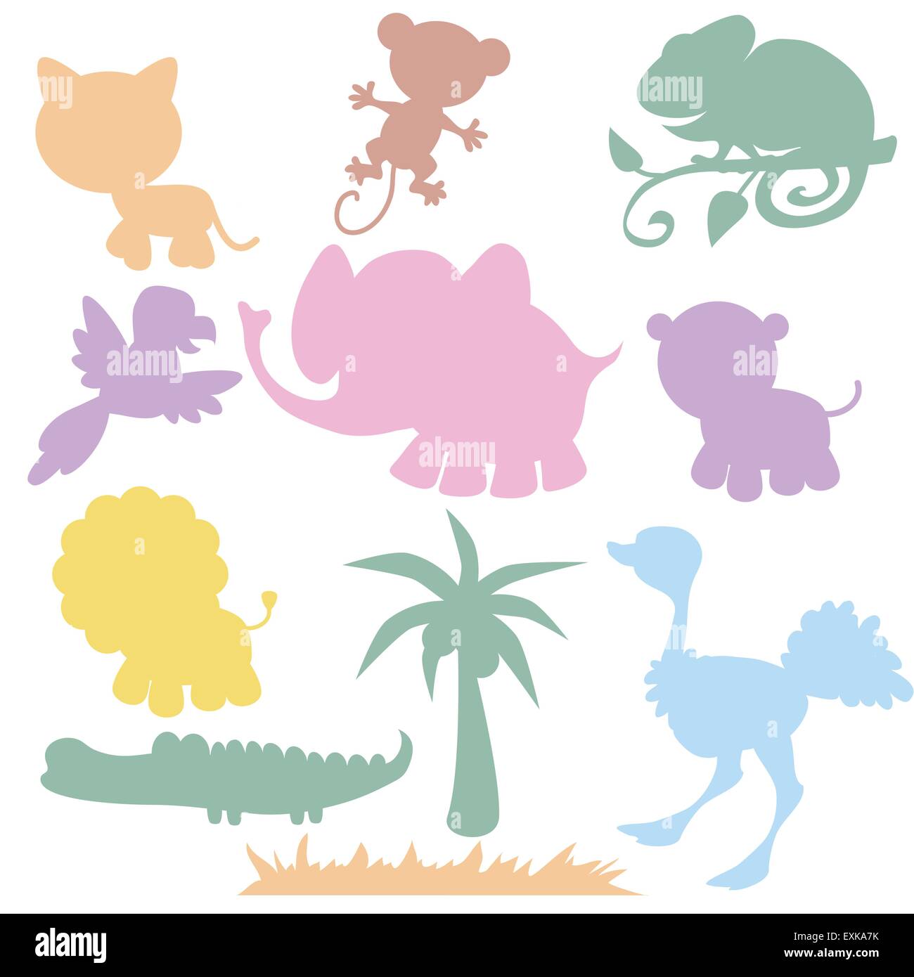 Löwe, Löwin, Elefant, Papagei, Palme, Affe, niedlich, Tier ...