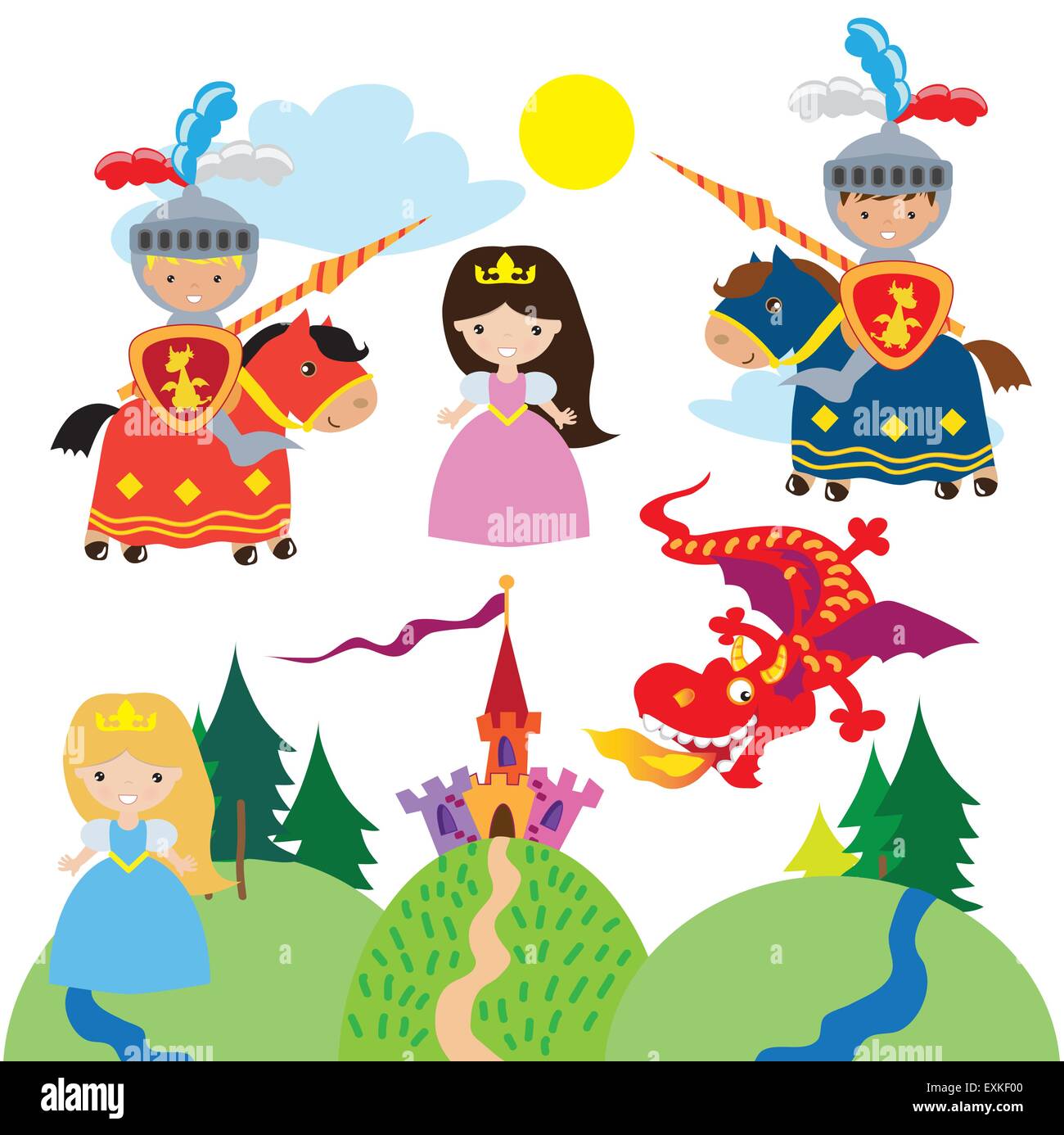 Cartoon castle dragon illustration knight medieval princess vector ...
