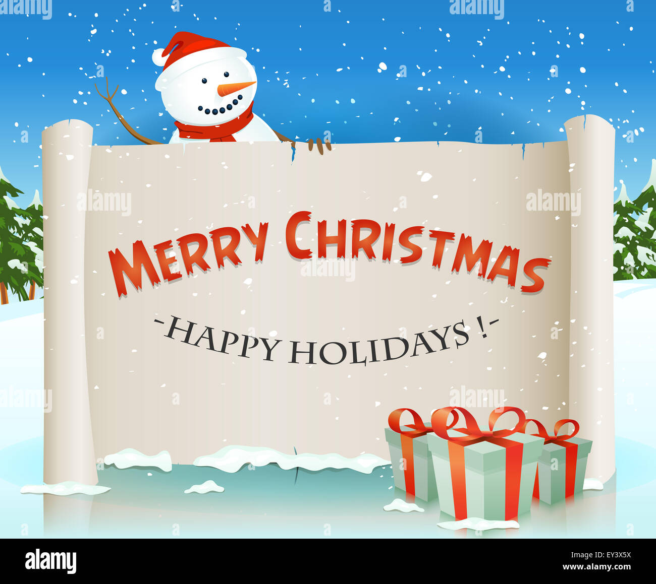 Illustration eines Cartoon happy Santa Schneemann Charakter Holding ...