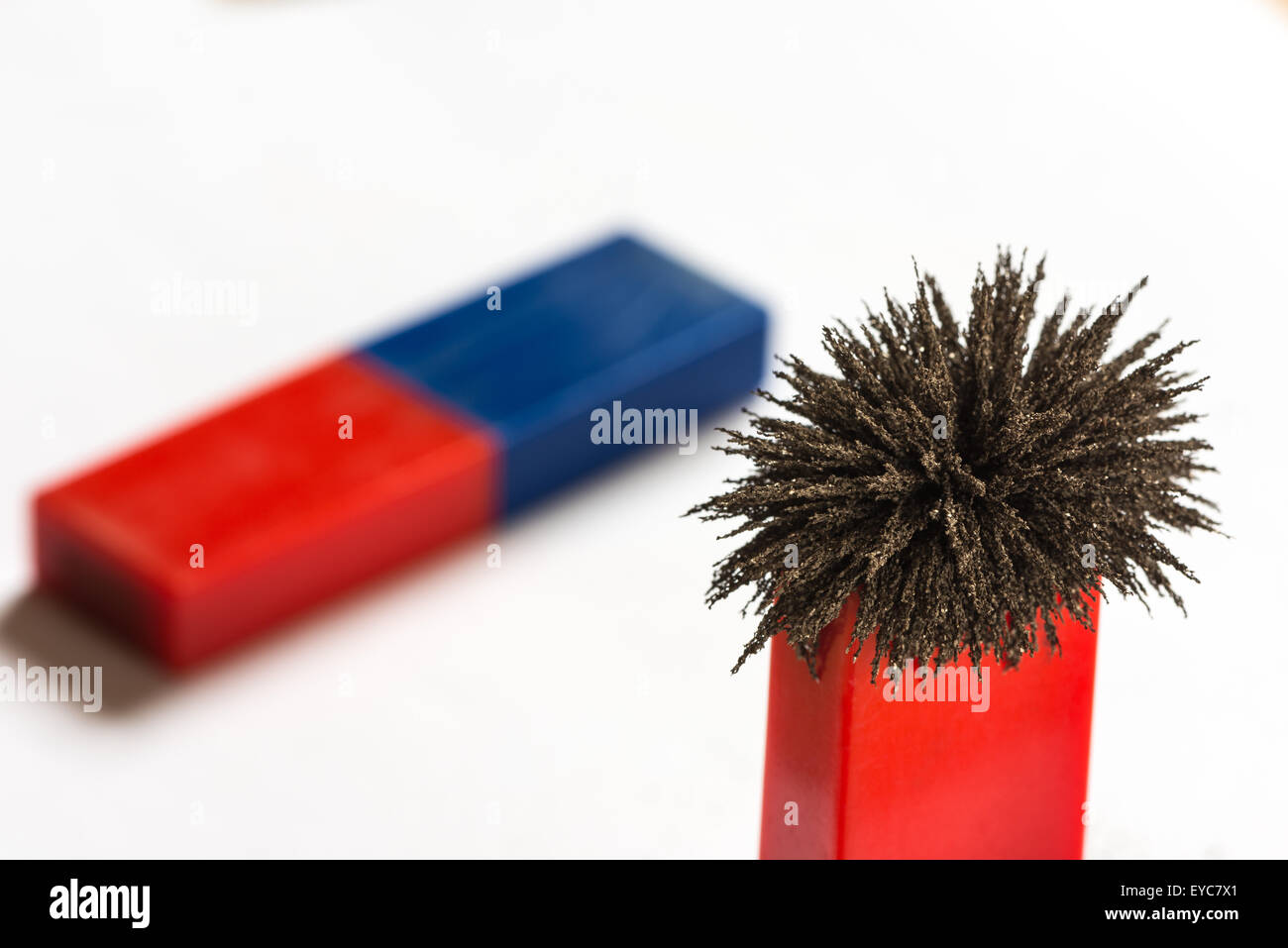 Anziehung und Abstoßung Eisen-Metall-Partikel richten sich entlang der ...