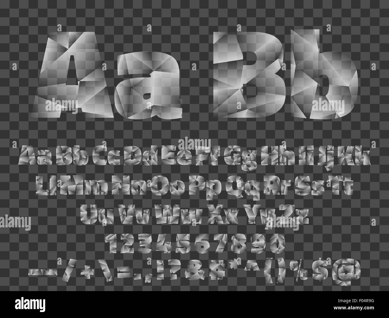 Lowpoly-Schriftart-Alphabet mit Zahlen und Symbolen Stock-Vektorgrafik ...