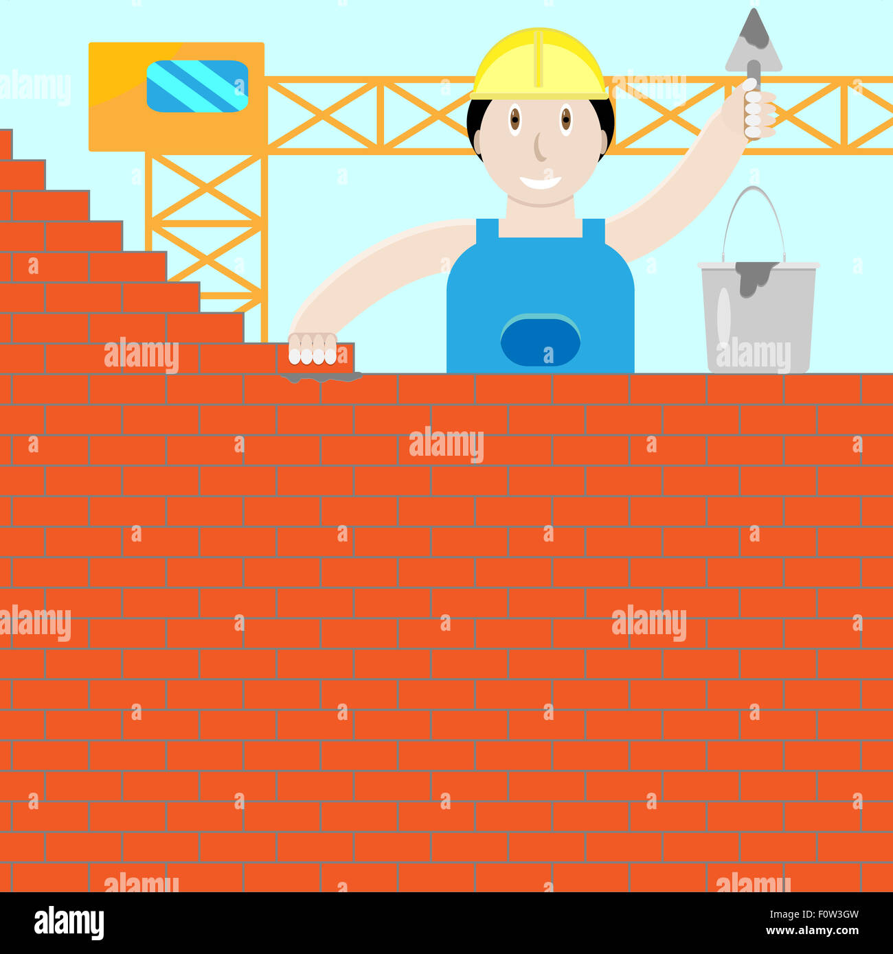 Baumeister baut eine Mauer. Kelle und Zement, Maurer Arbeit ...