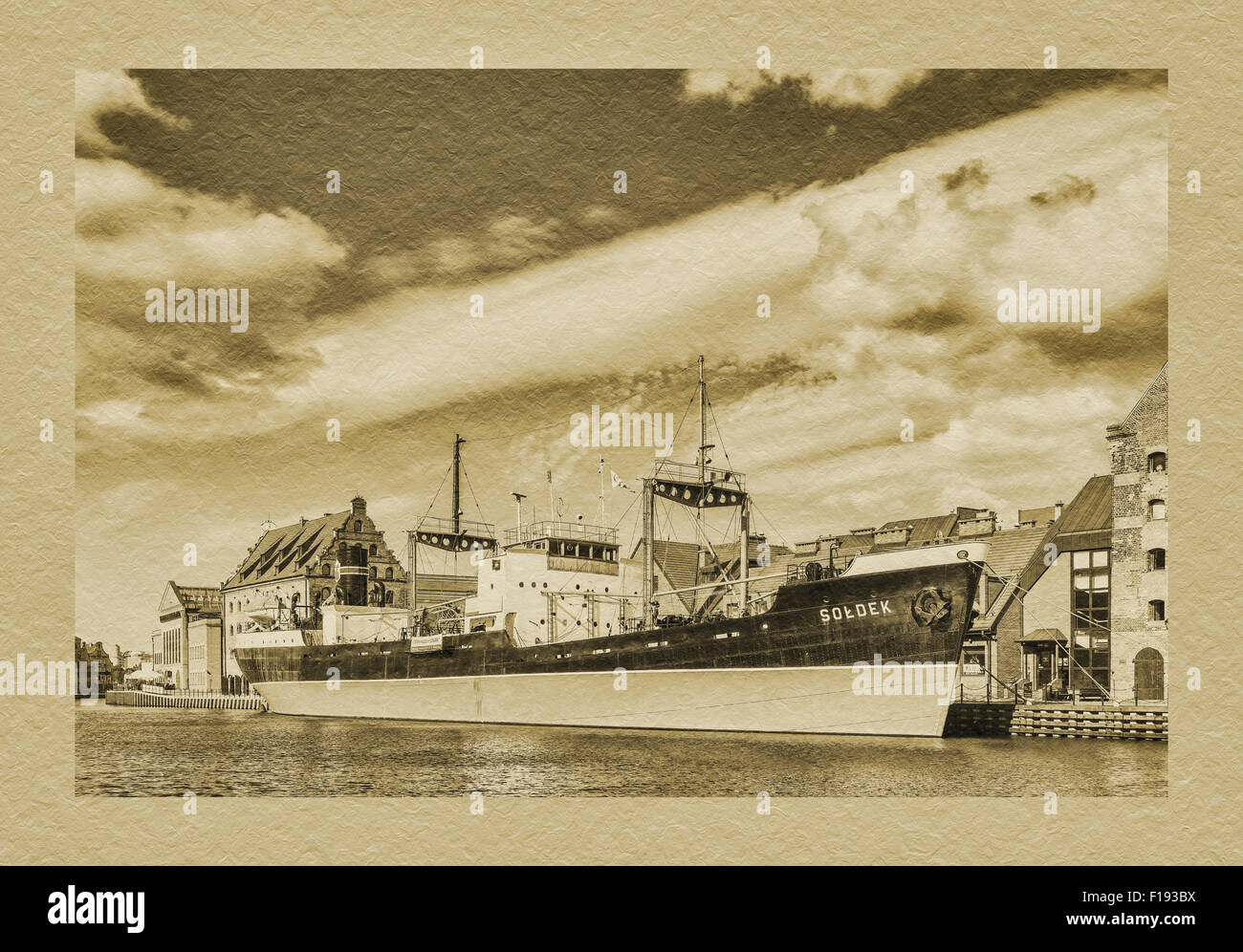 Blick auf die Mottlau, das Museumsschiff Soldek, eine Ausstellung des ...