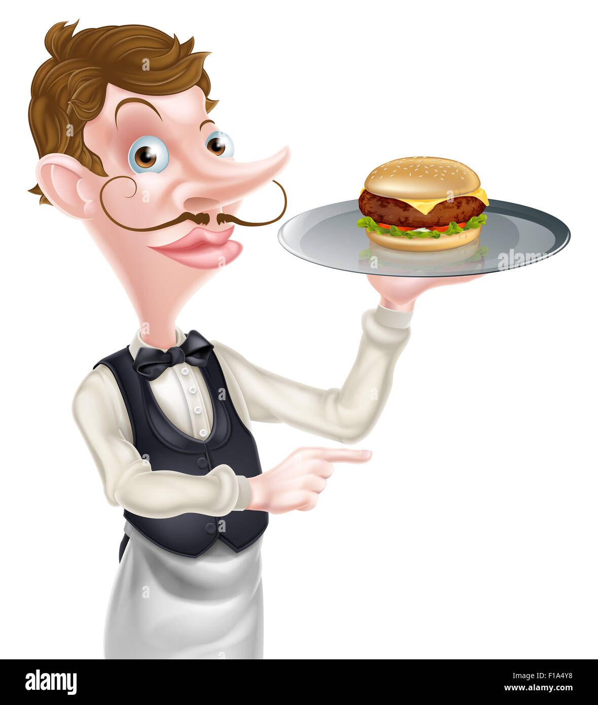 Zur Veranschaulichung der Cartoon Kellner ein Tablett mit einem Burger ...