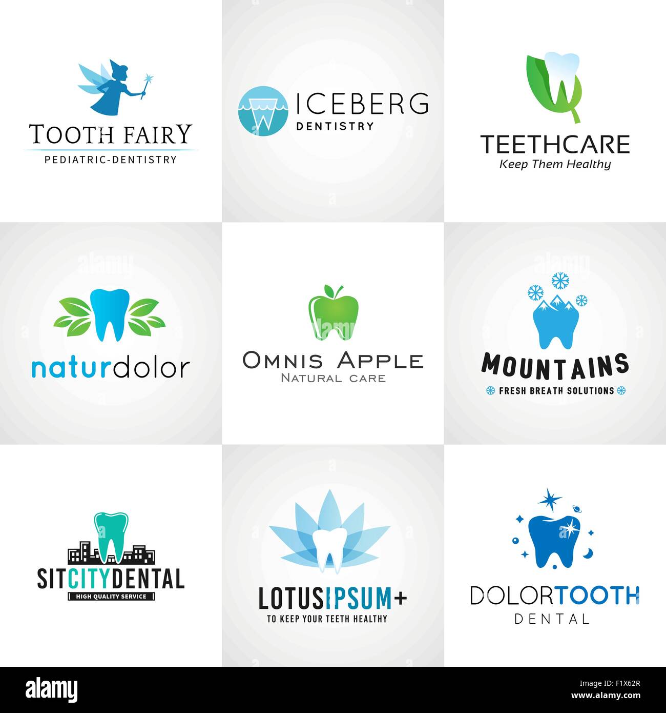 Satz von dental Logos. Vektor-Zahn-Designs. Helle Zähne Klinik Vorlage ...
