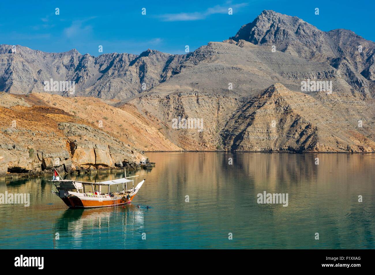 Oman, Khasab Musandam, Kreuzfahrt in den Fjorden auf einer Dhau ...