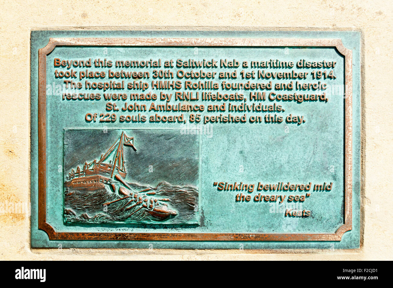 Tafel zum Gedenken an das Krankenhaus Schiff HMHS Rohilla Katastrophe ...