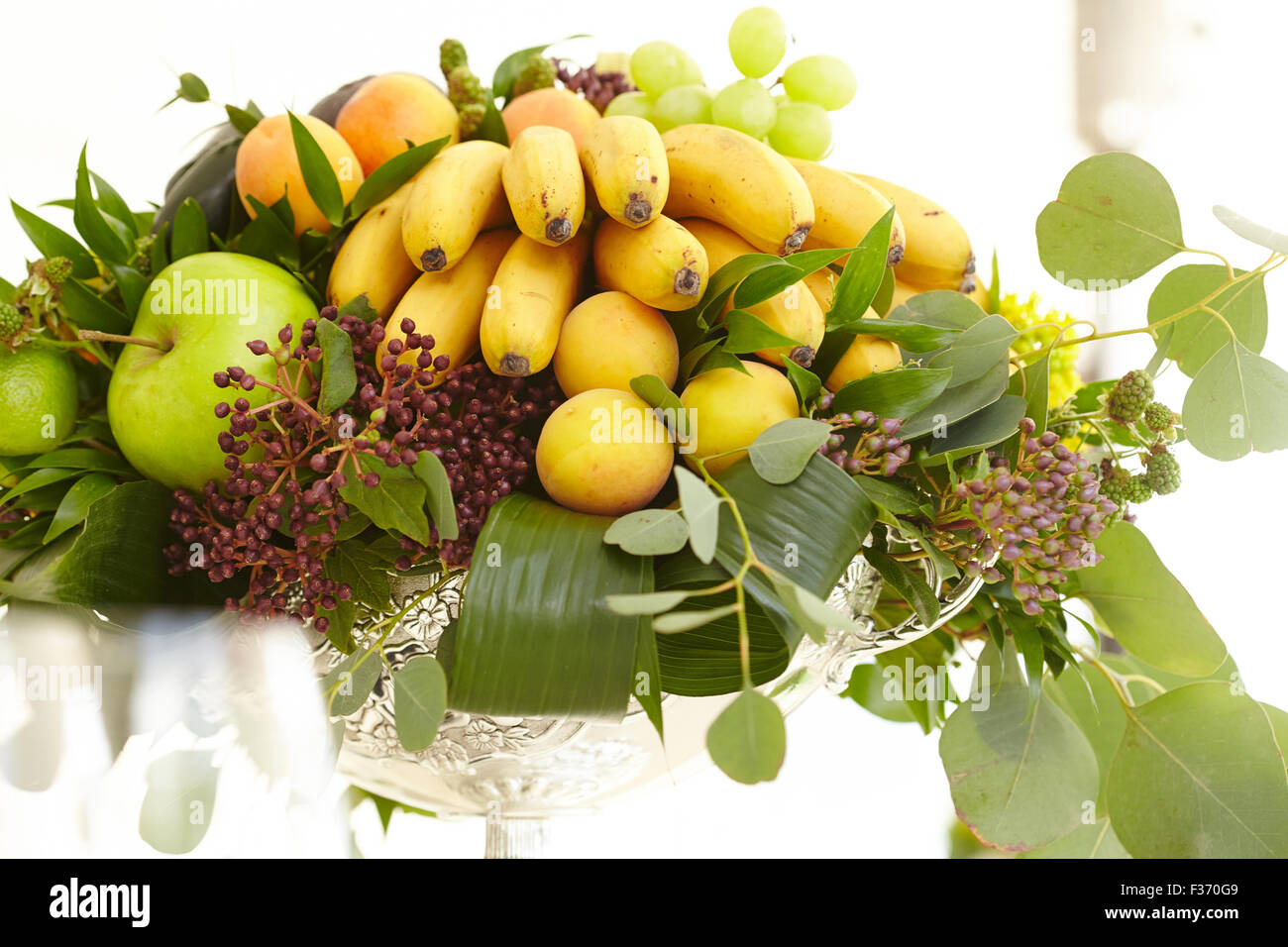 Obst-Korb-Nahaufnahme: Bananen, Äpfel, Trauben, Aprikosen ...