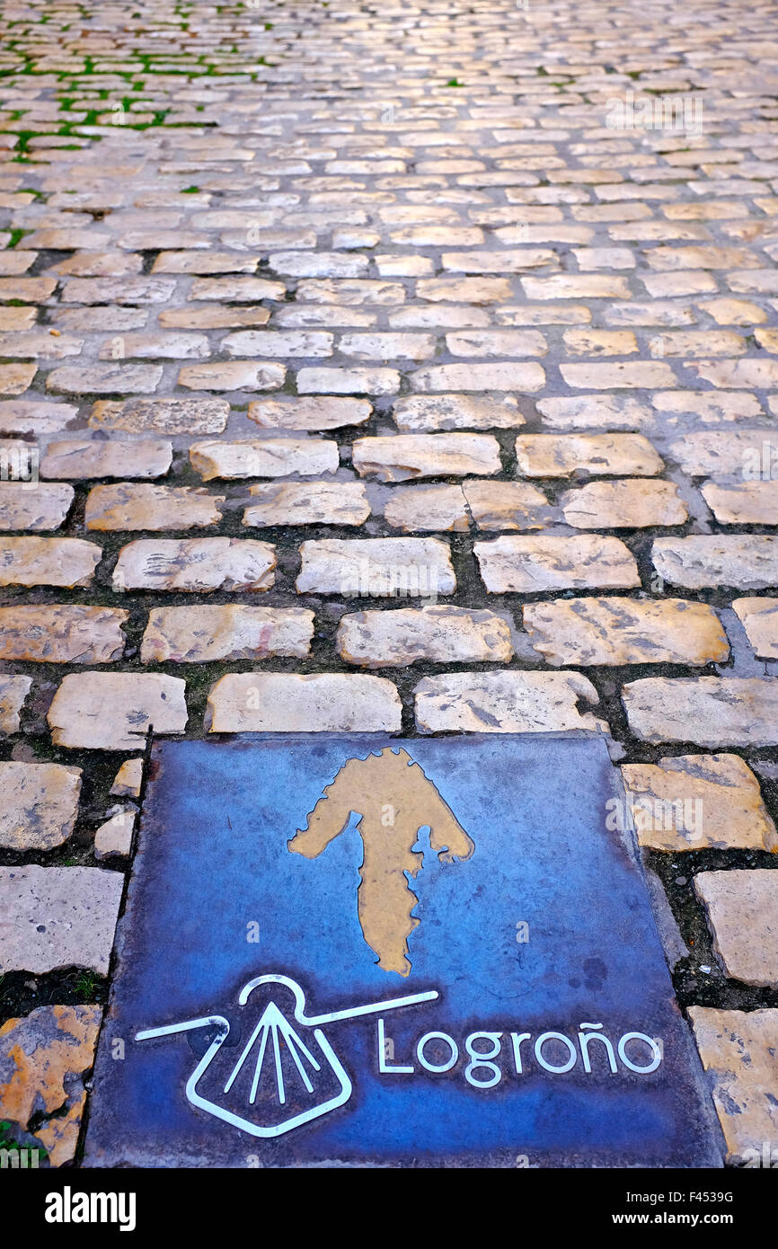 Gelber Pfeil markiert den Jakobsweg (Camino de Santiago), Logroño, La ...
