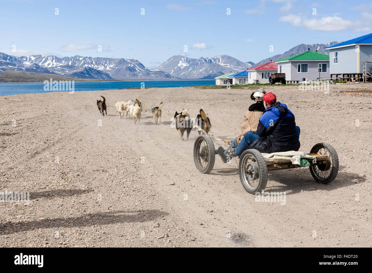 Russland, Tschukotka, Chaplino Dorf, Männer Reiten Hund gezogenen ...
