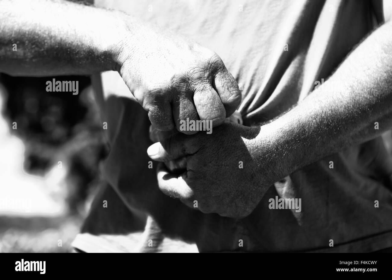 Hart arbeitende Hände eines ausgereiften Bauern. Schwarz / weiß gedreht ...