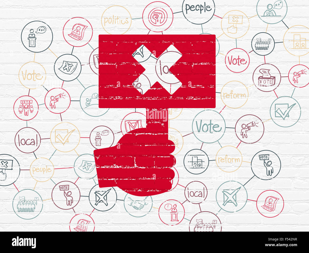 Politisches Konzept: gemalte rotes Protest-Symbol auf weiße Ziegel Wand ...